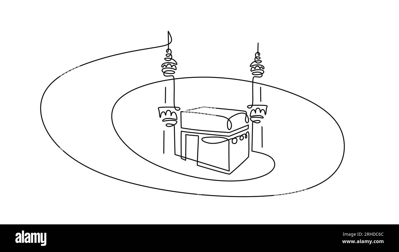 One line drawing of kaaba isolated on white background. Continuous ...
