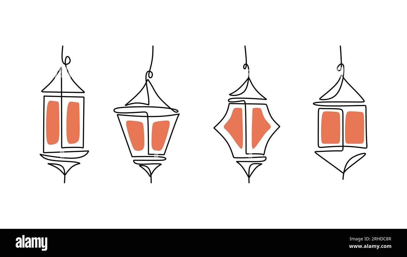 One line drawing of four lanterns isolated on white background ...