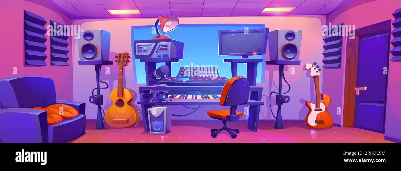 Sound recording studio with musical instruments and equipment. Vector ...