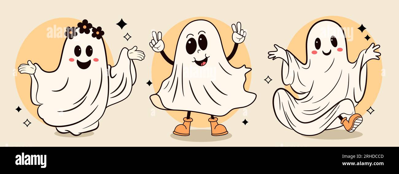 Groovy retro halloween ghosts set. Spooky vibes. Vector illustration ...