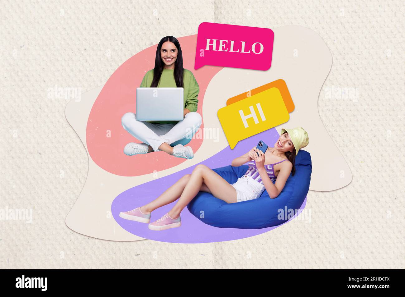 Collage picture of two positive girls use smart phone netbook chatting ...