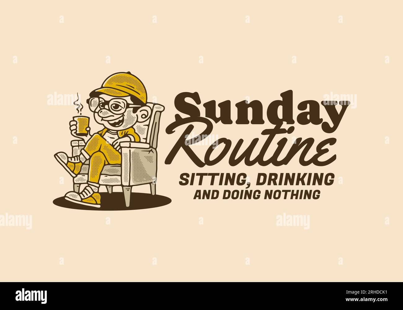 Sunday routine, sitting drinking and doing nothing, illustration of a ...
