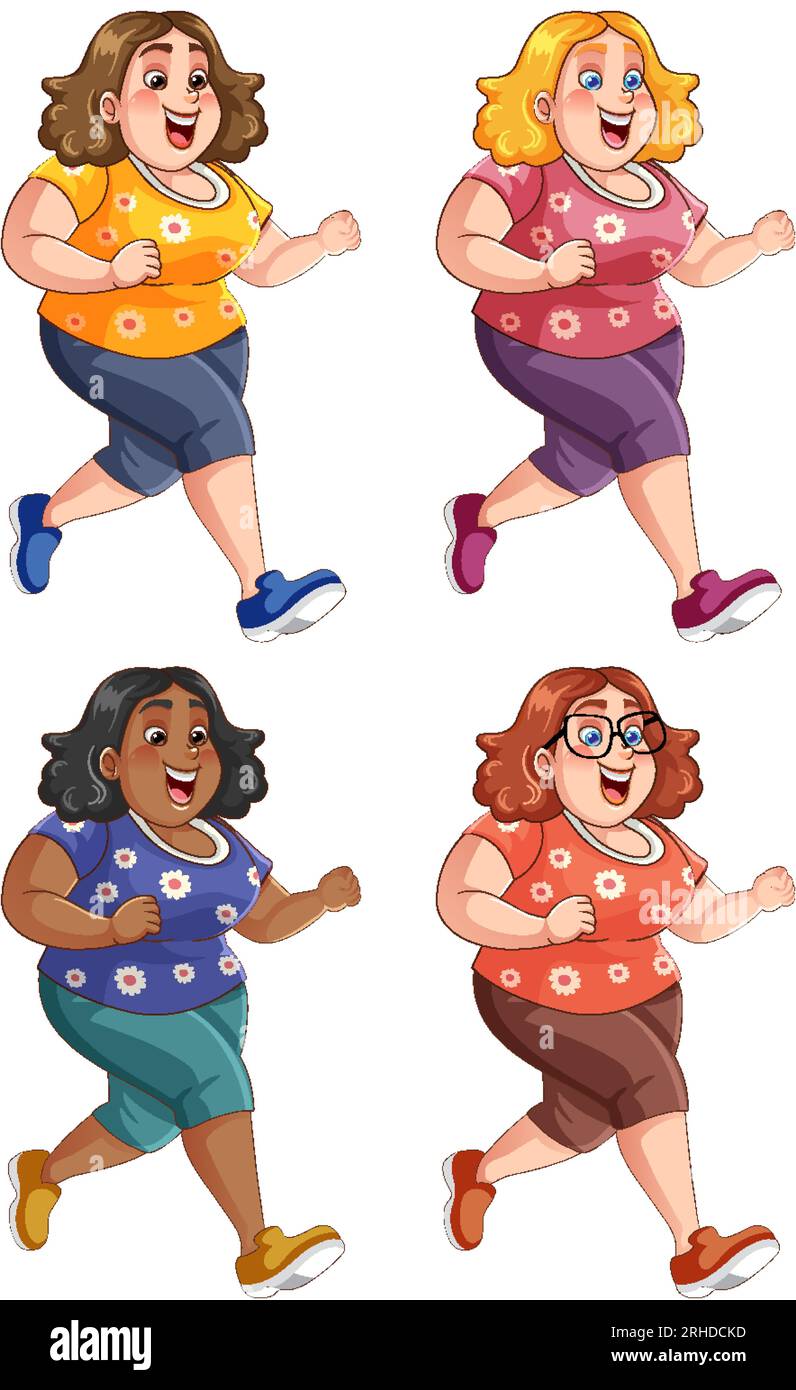 Chubby Women Running Exercise Collection illustration Stock Vector ...