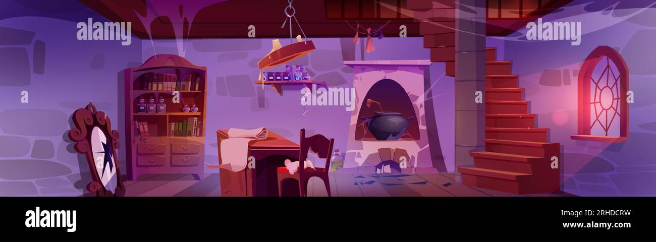 Abandoned old magic wizard room cartoon background. Medieval witch ...