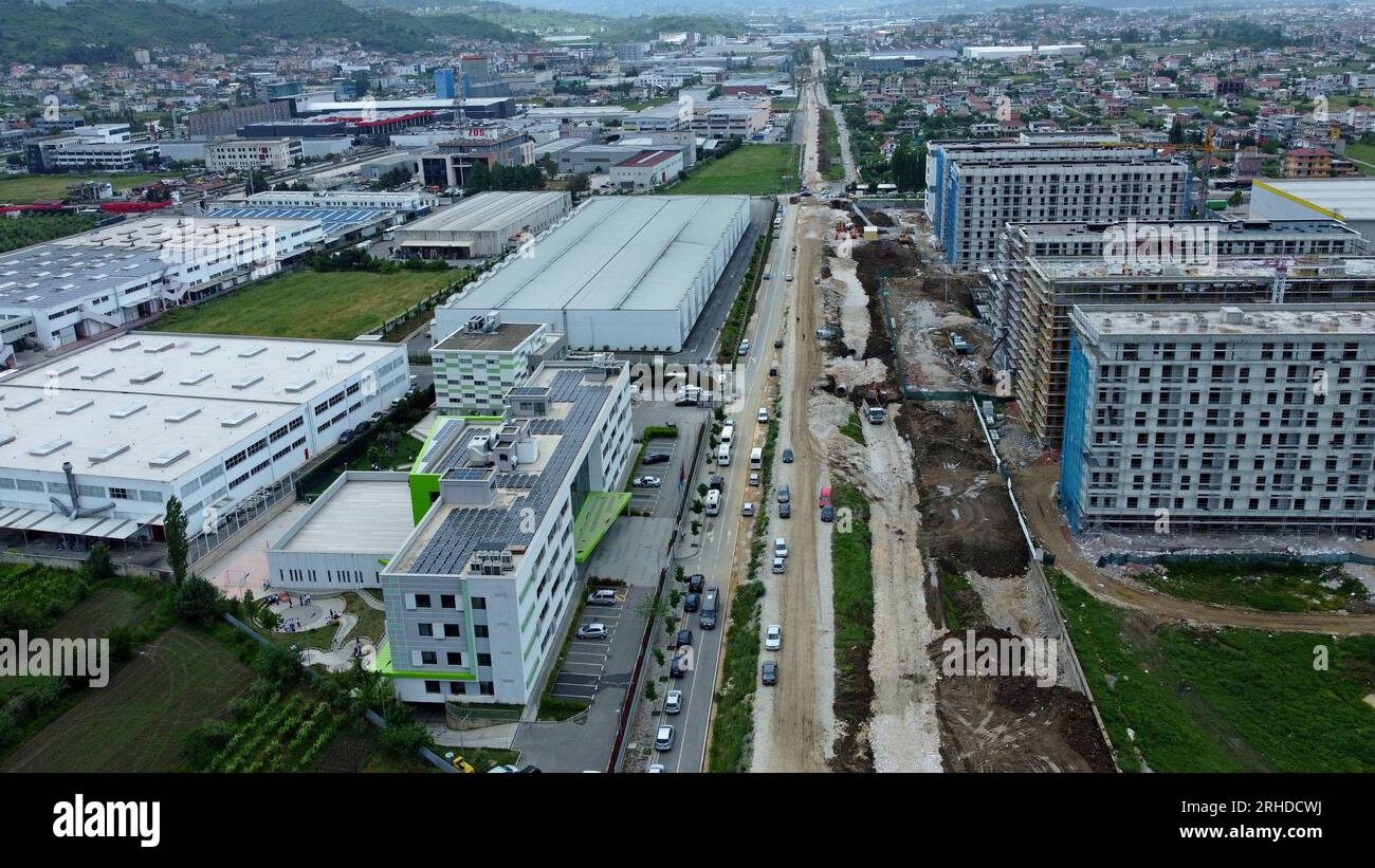 Drone aerial view of the rebuilding of the Tirana to Durres Railway ...