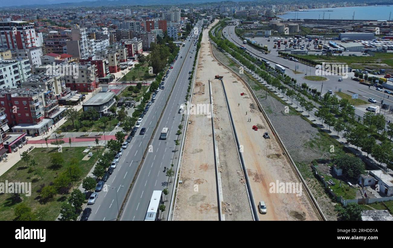 Drone view of foundations for new platforms at Durres railway station ...