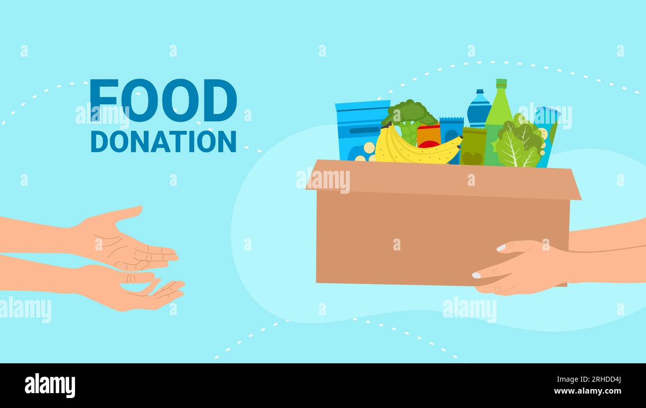 people giving a donation box with food for charity and solidarity Stock ...