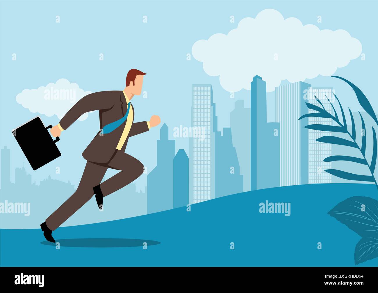 Simple flat vector illustration of a businessman running with briefcase, business, energetic ...