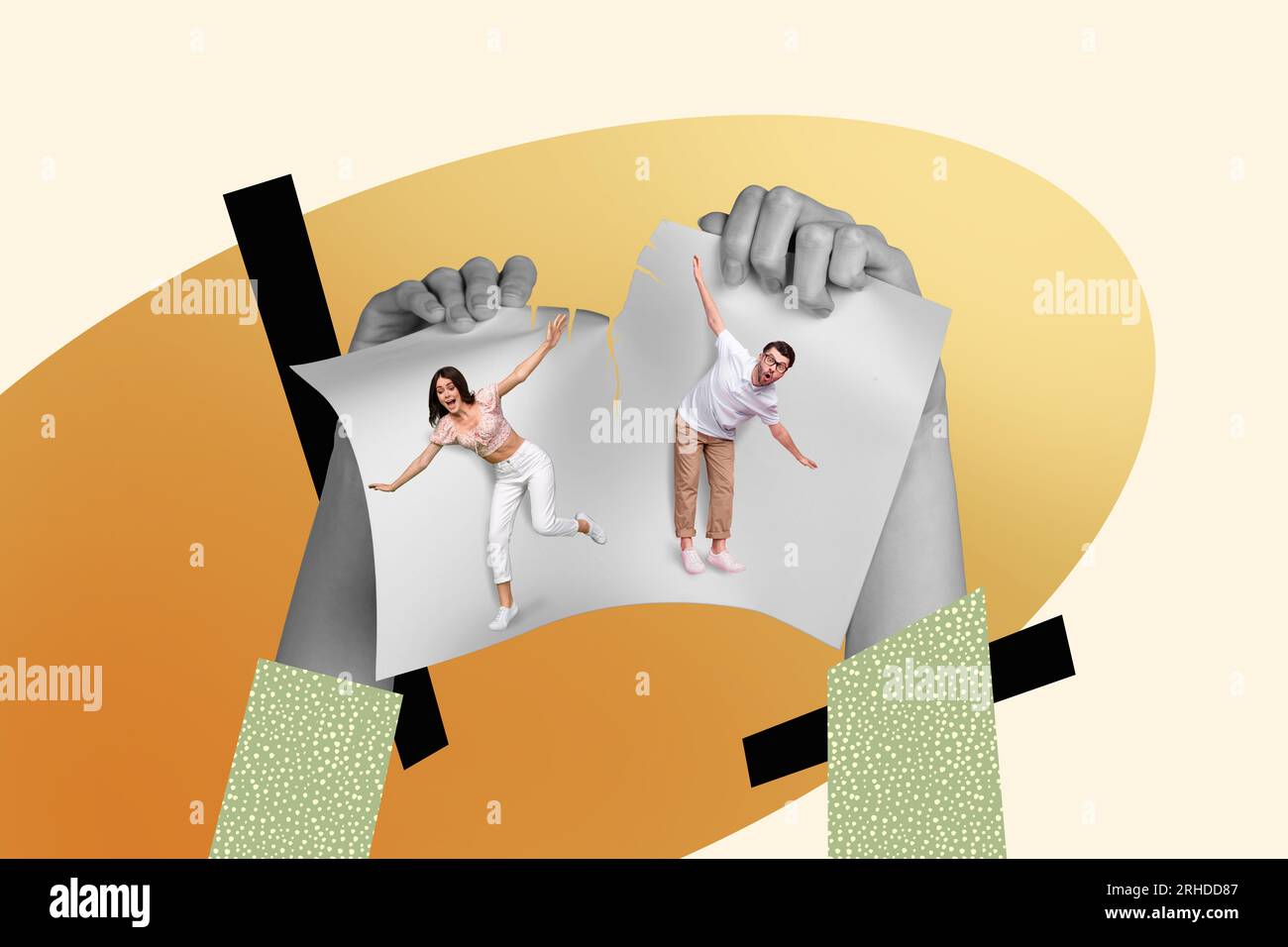 Picture collage image of human hands breaking paper placard split up ...