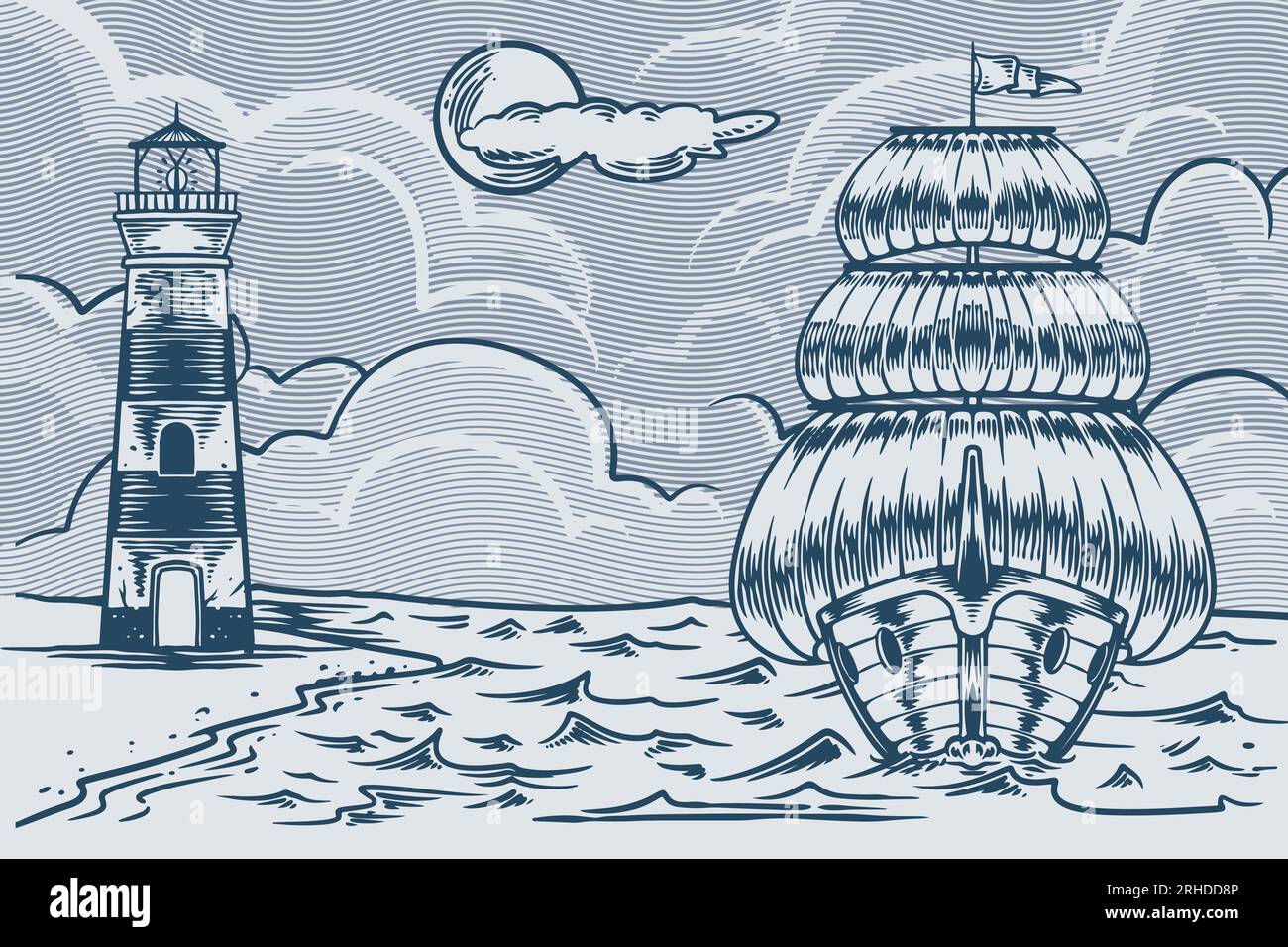 Hand drawing vintage sailboat, lighthouse sea ocean Stock Vector Image ...