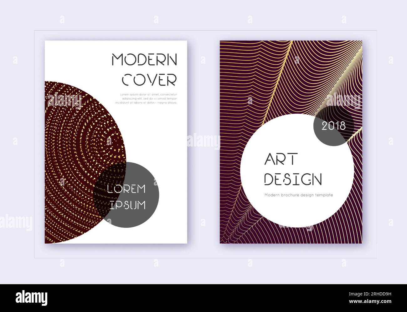 Trendy cover design template set. Gold abstract lines on maroon ...