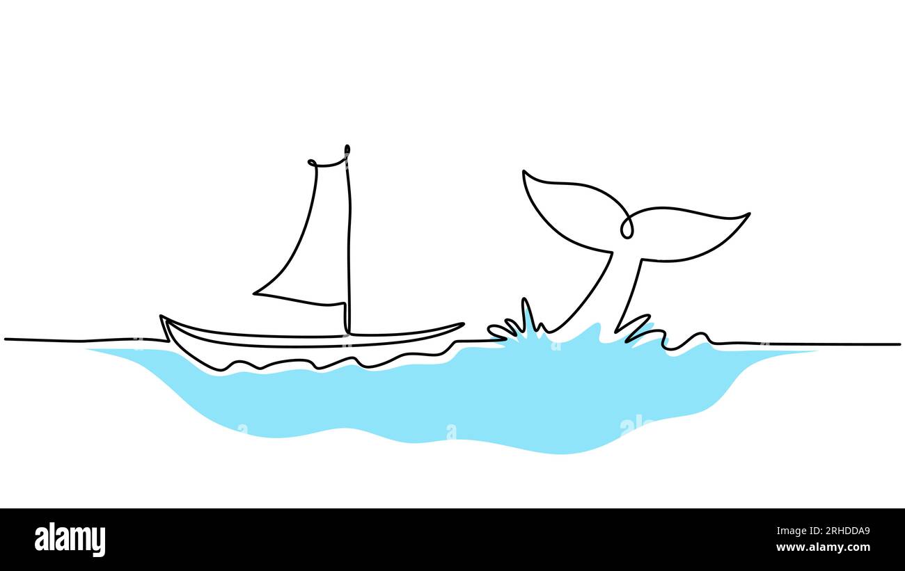 One line drawing of ship and whale tail isolated on white background ...