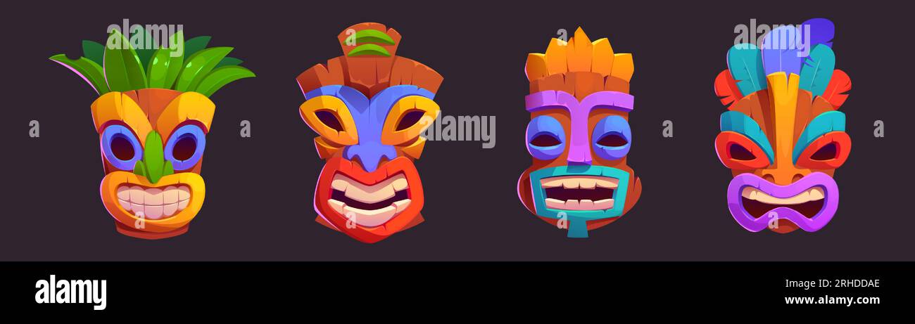Tiki masks with toothy smile - cartoon vector illustrations set of ...
