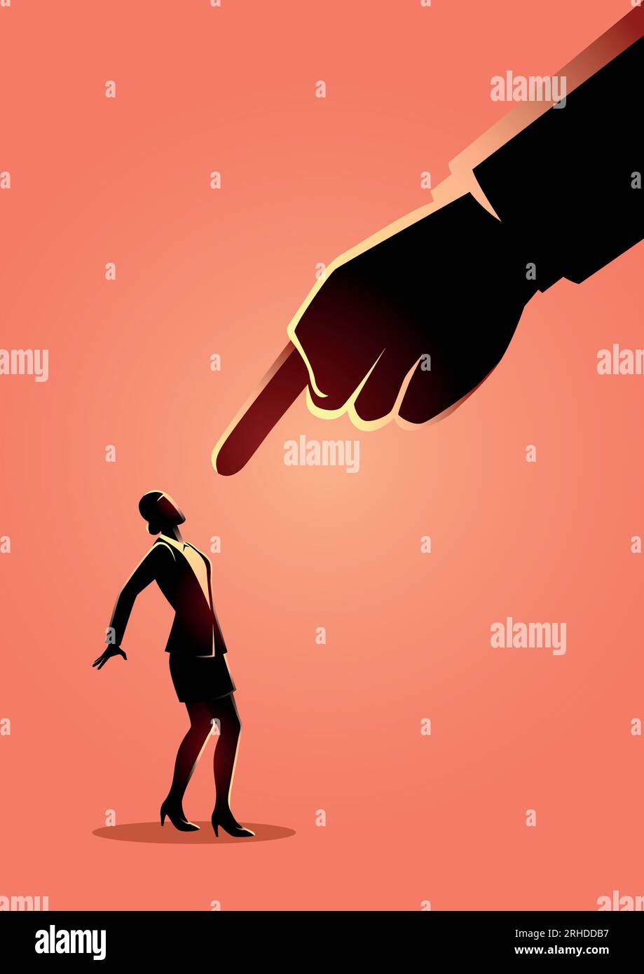 Business concept illustration of a businesswoman being pointed by giant ...