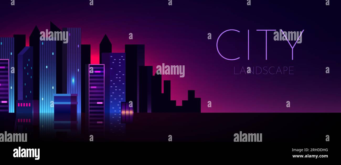 Futuristic night city. Cityscape on a dark background with glowing neon ...
