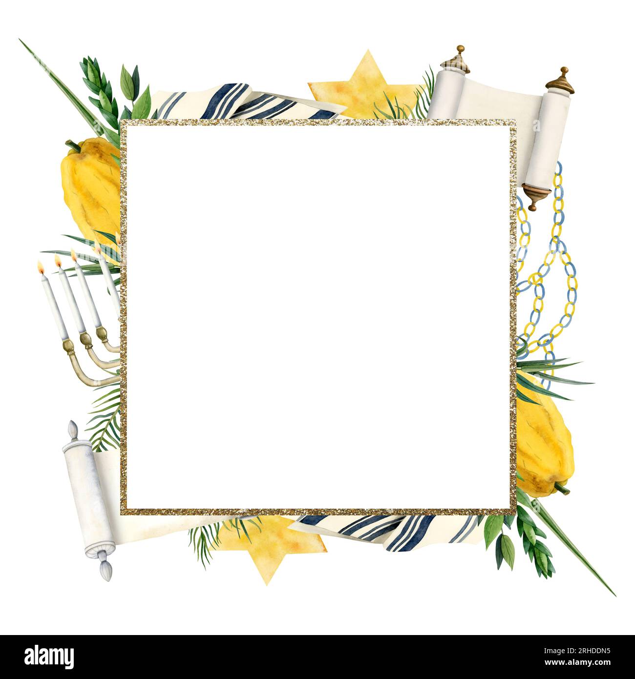 Watercolor Sukkot square frame illustration with etrog, four species ...