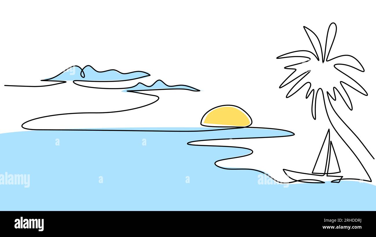 One line drawing of sunset at beach view isolated on white background ...