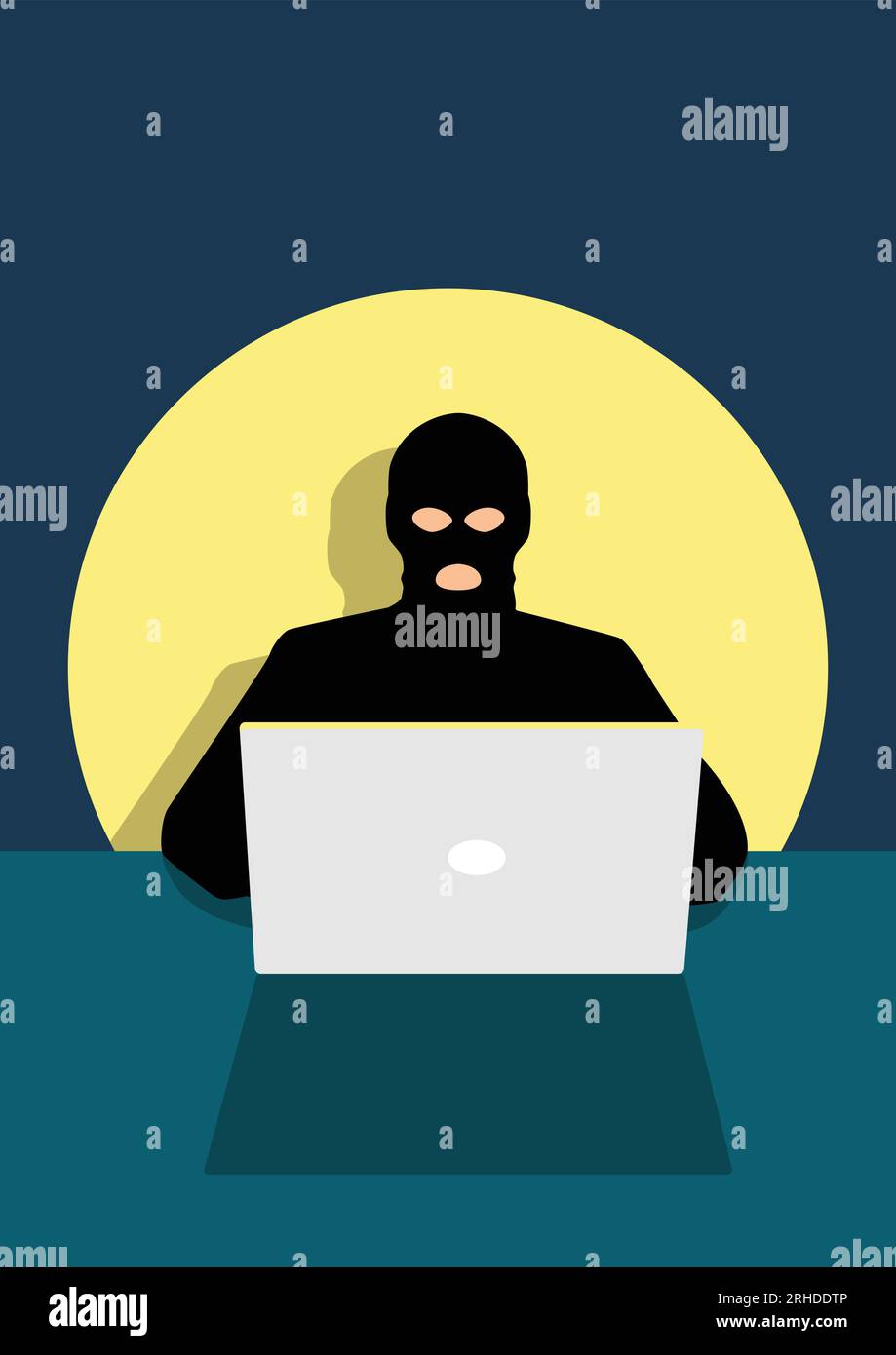 Simple Flat Vector Illustration Of A Hacker Behind Laptop Computer