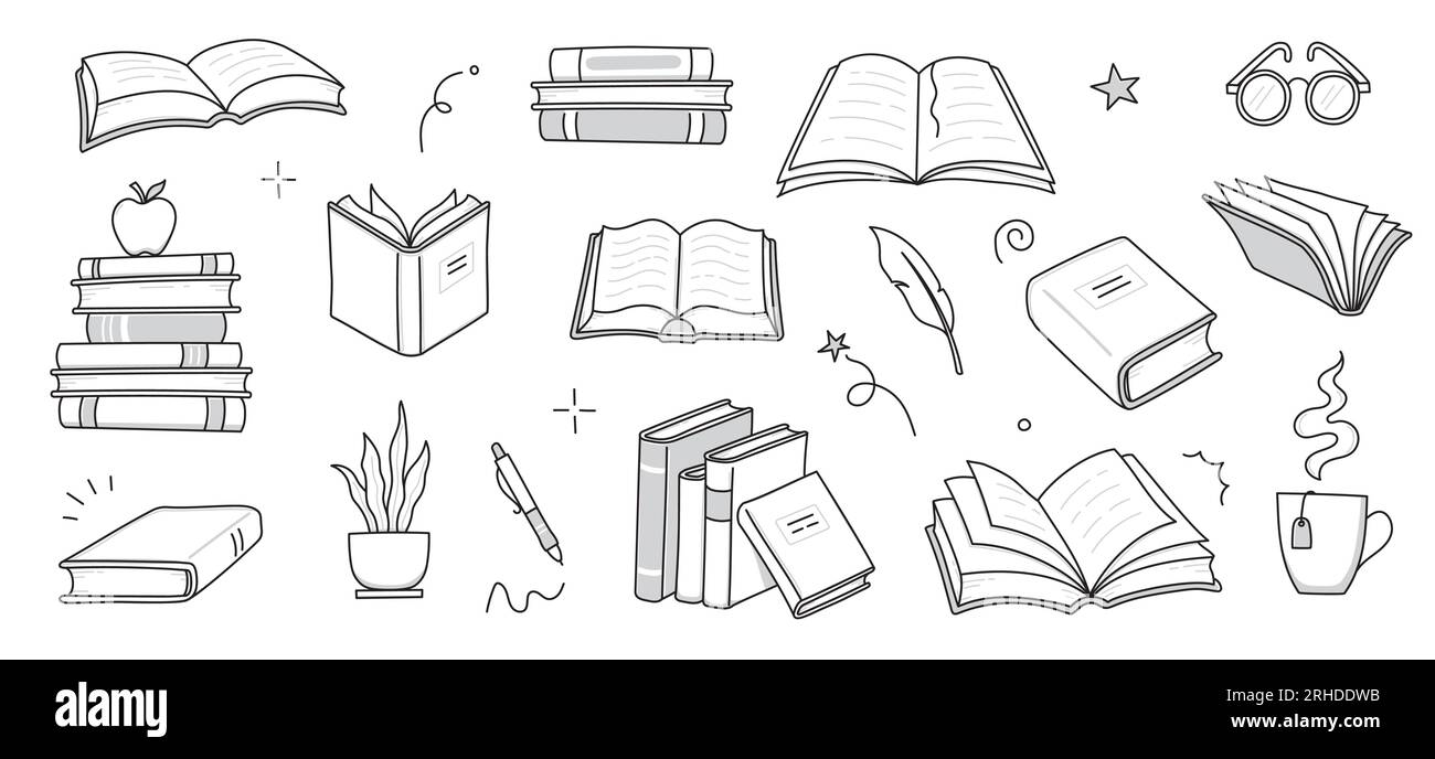 Book stack sketch set. Hand drawn sketch doodle style line book stack ...