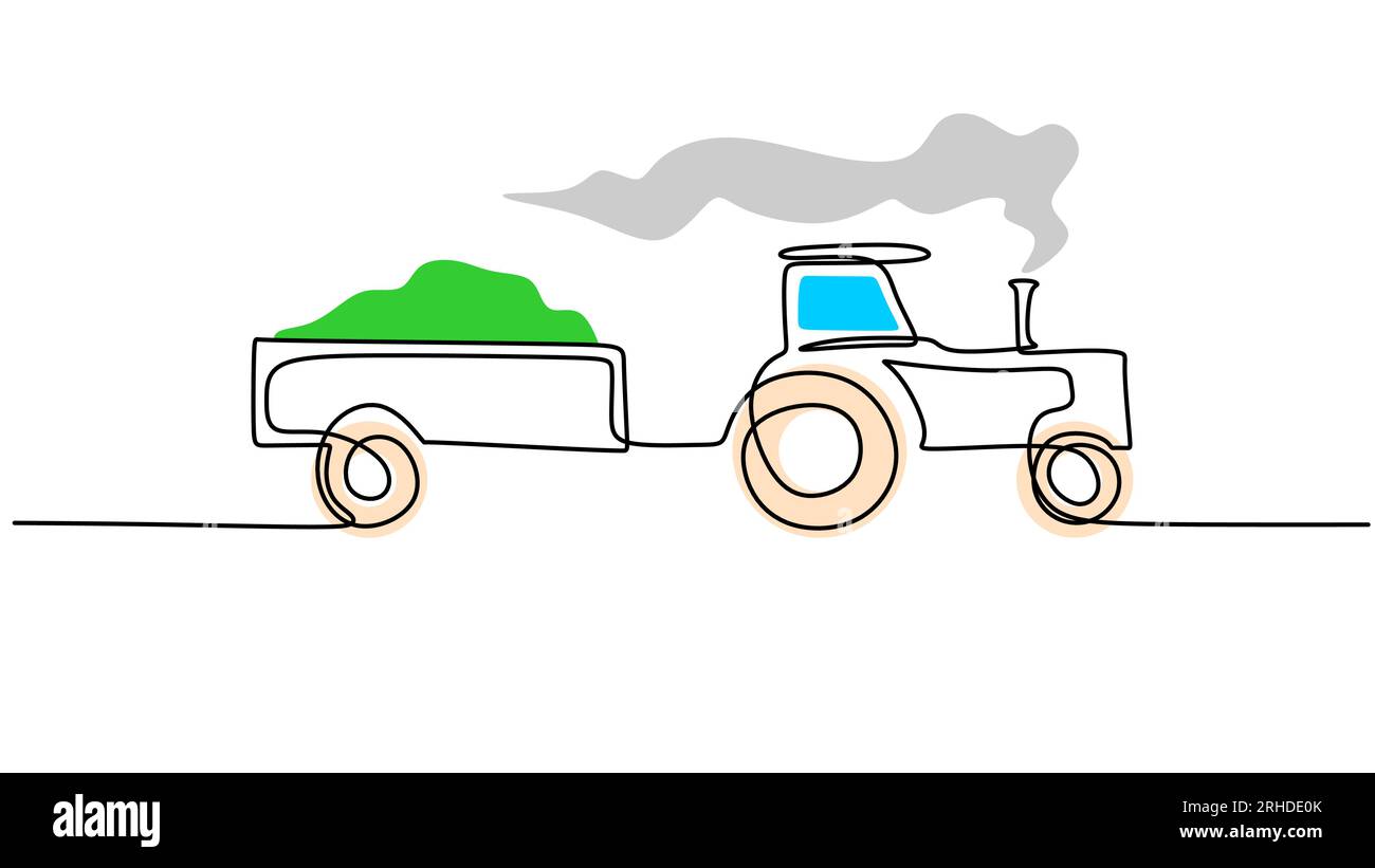 One line drawing of big tractor and train isolated on white background ...