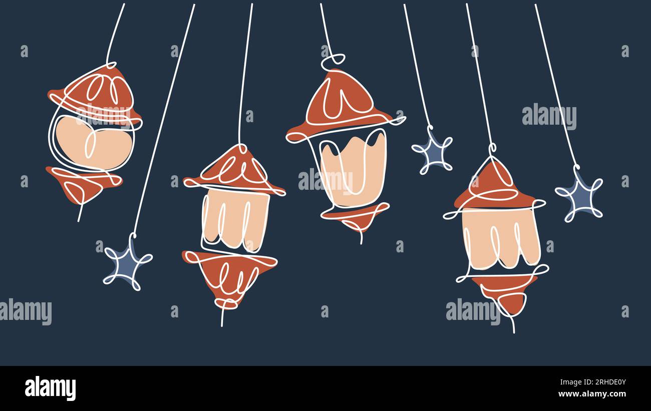 One line drawing of hanging lanterns on blue background. Continuous ...