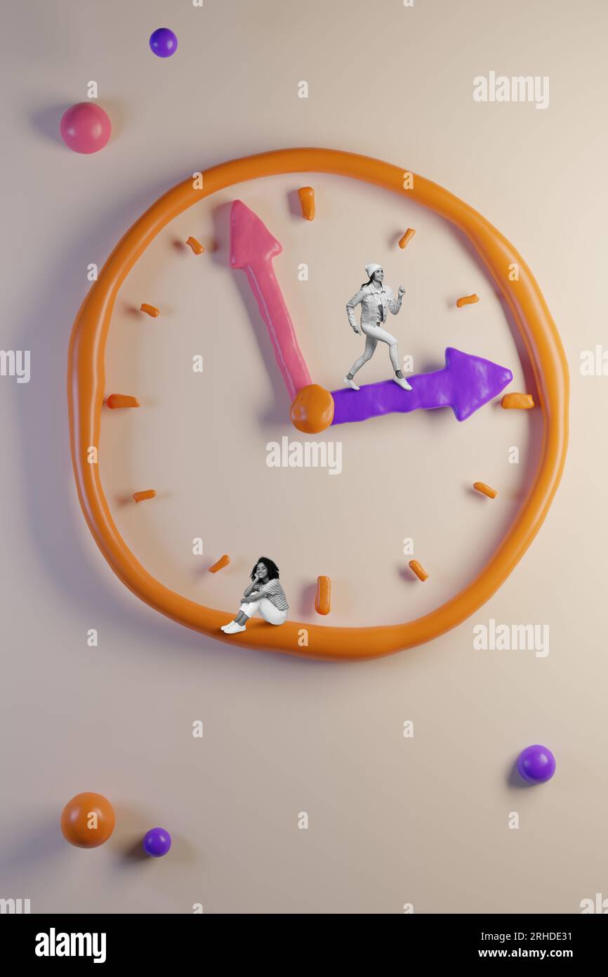 Vertical photo collage picture of two businesspeople on huge wall clock ...