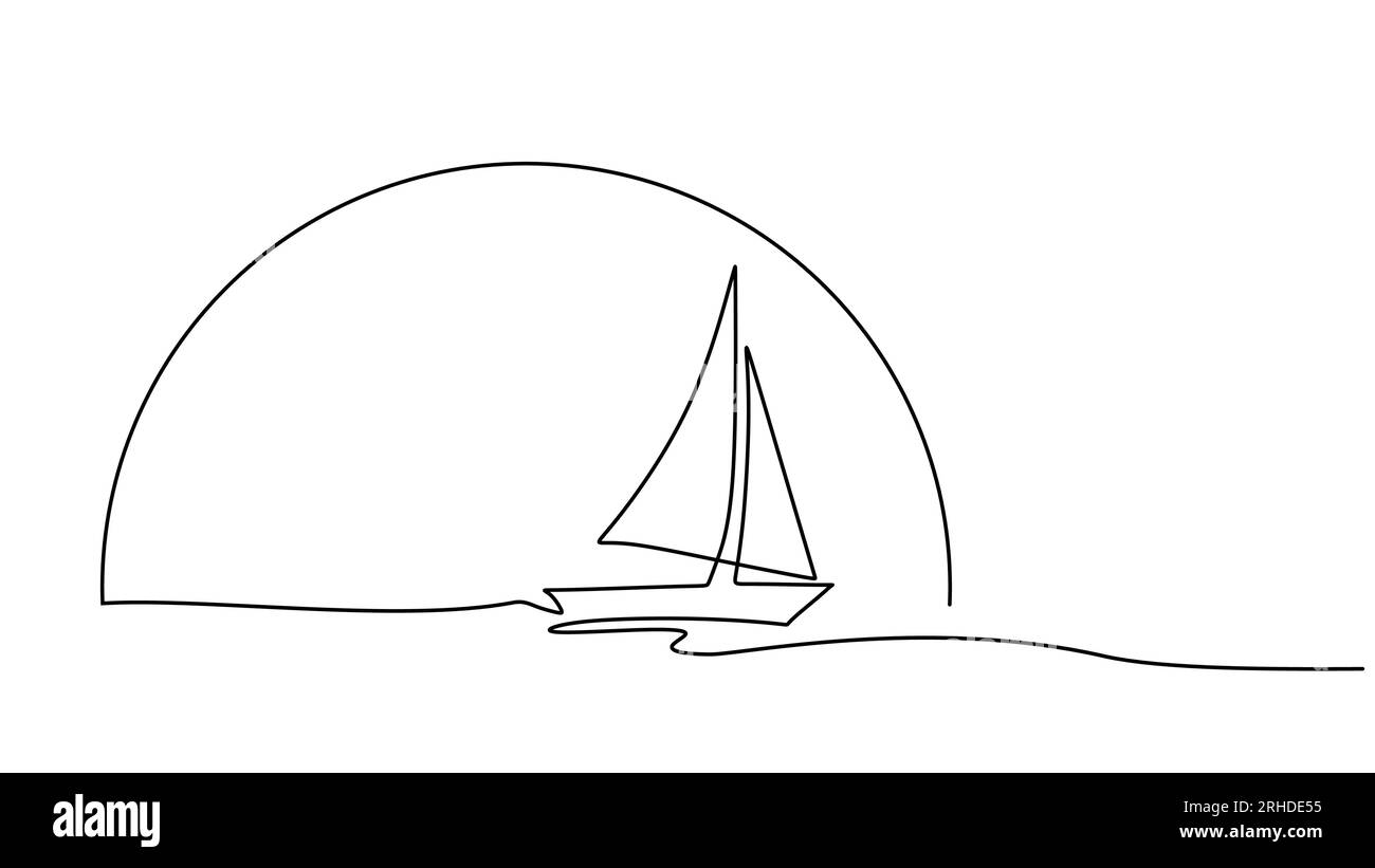 One line drawing of sunset and ship isolated on white background Stock ...