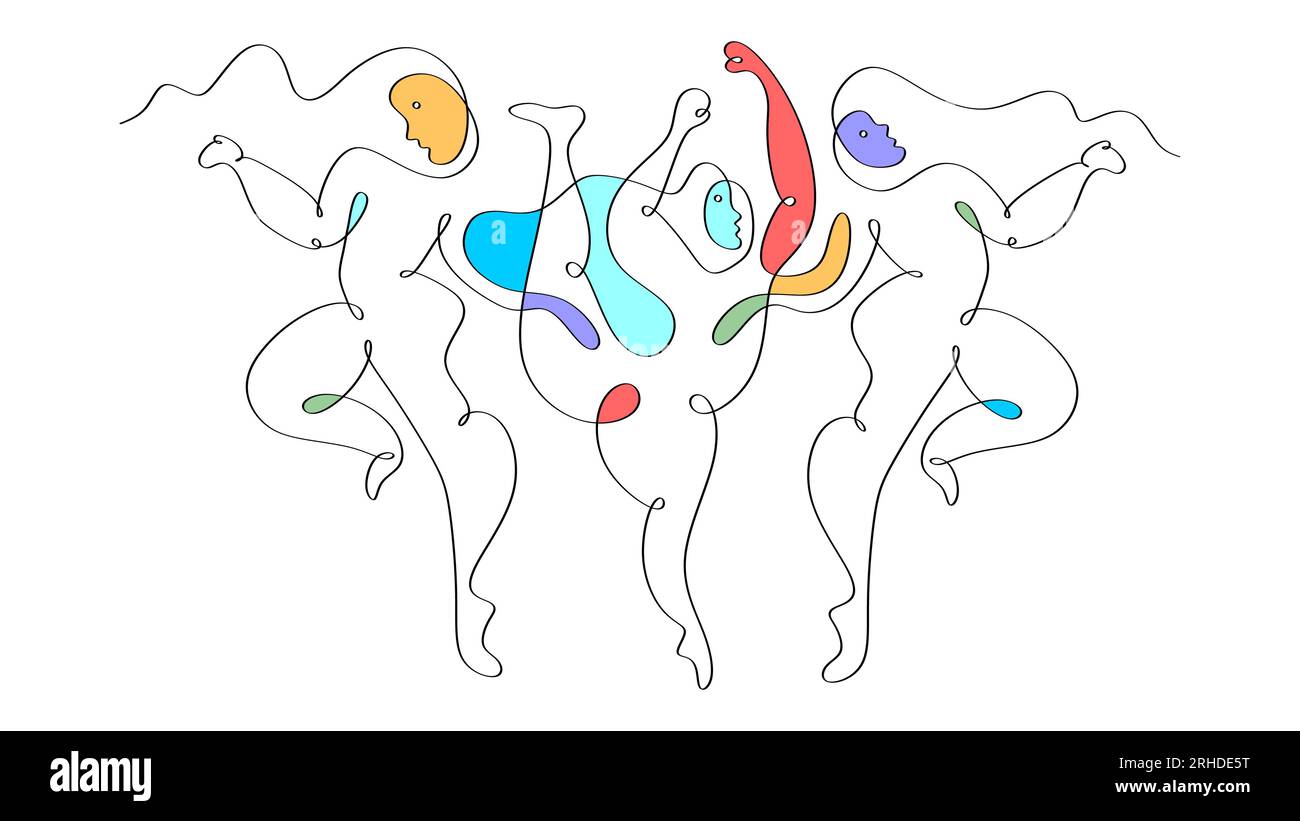 One continuous single line drawing of three woman dancing people ...