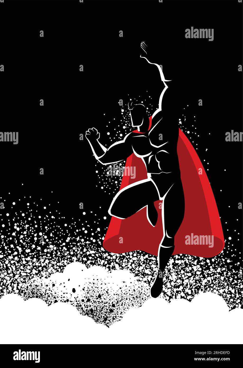 Superhero in flying pose in black and white illustration Stock Vector ...