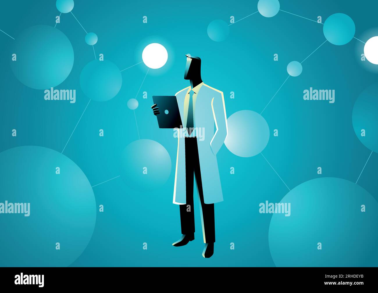 Vector illustration of a scientist in lab coat in the middle of ...