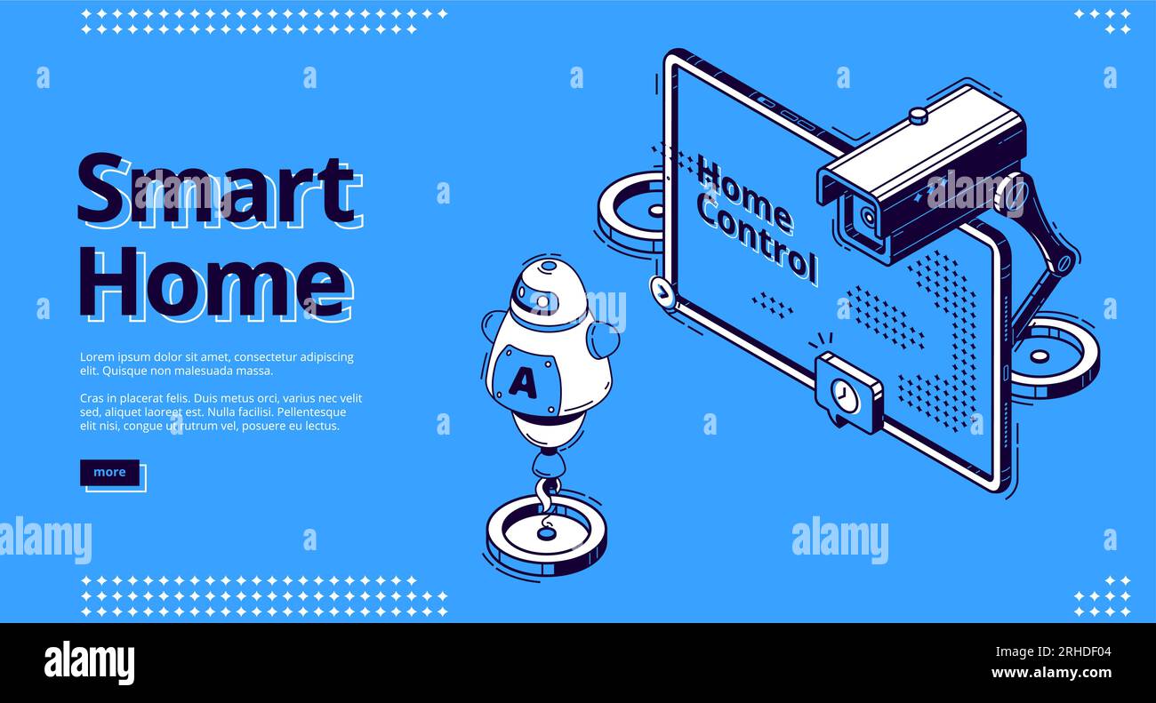 Smart home, internet of things isometric web banner. Computer display with interface, camera ...
