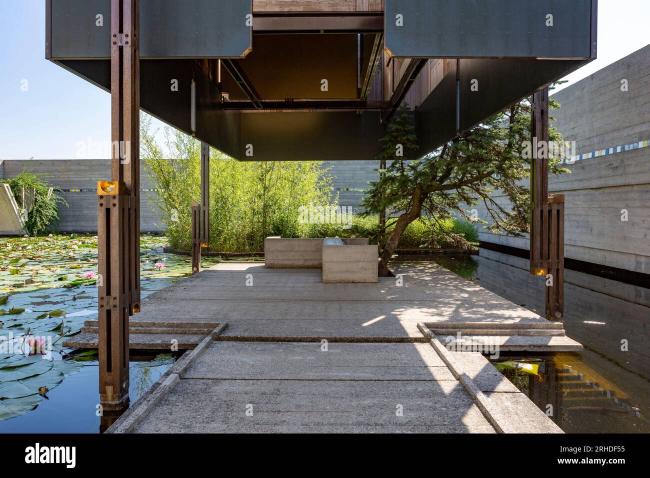 The meditation pavilion, surrounded by pools with plants and water ...