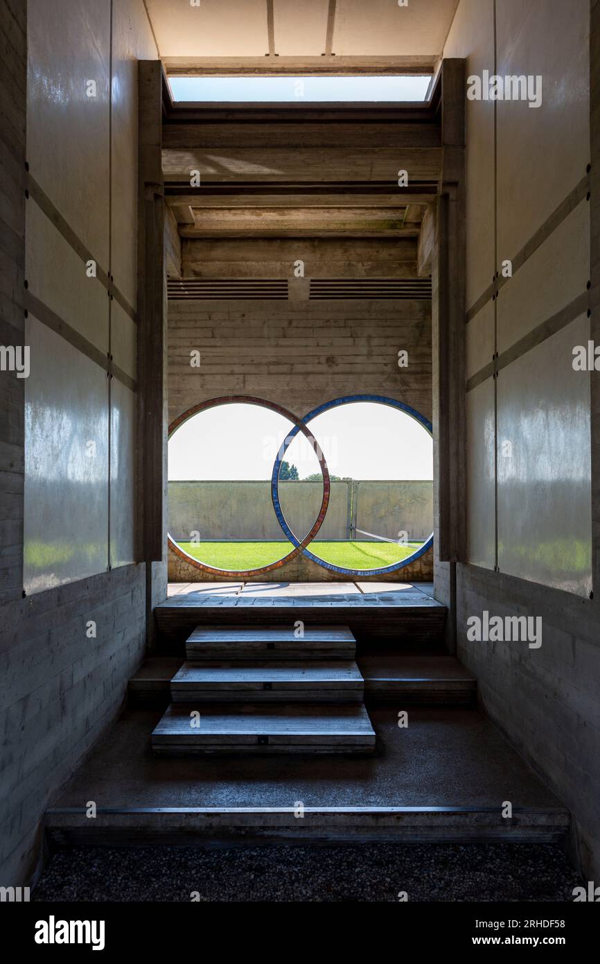 The two intersected rings, one pink and one blue, represent the ...