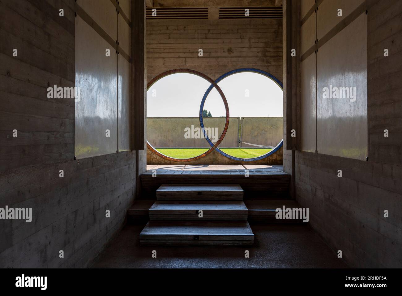 The two intersected rings, one pink and one blue, represent the ...