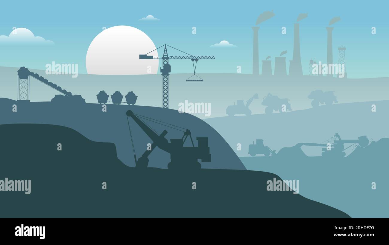 Mining view factory landscape silhouette flat elements background in ...