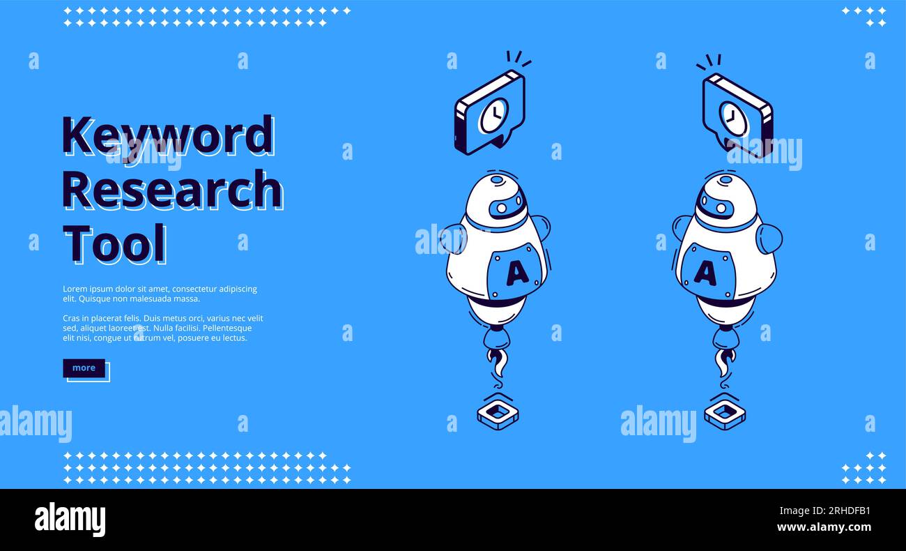 Keyword research tool isometric landing page. Ai robots with rocket engine and clock icons. Seo ...