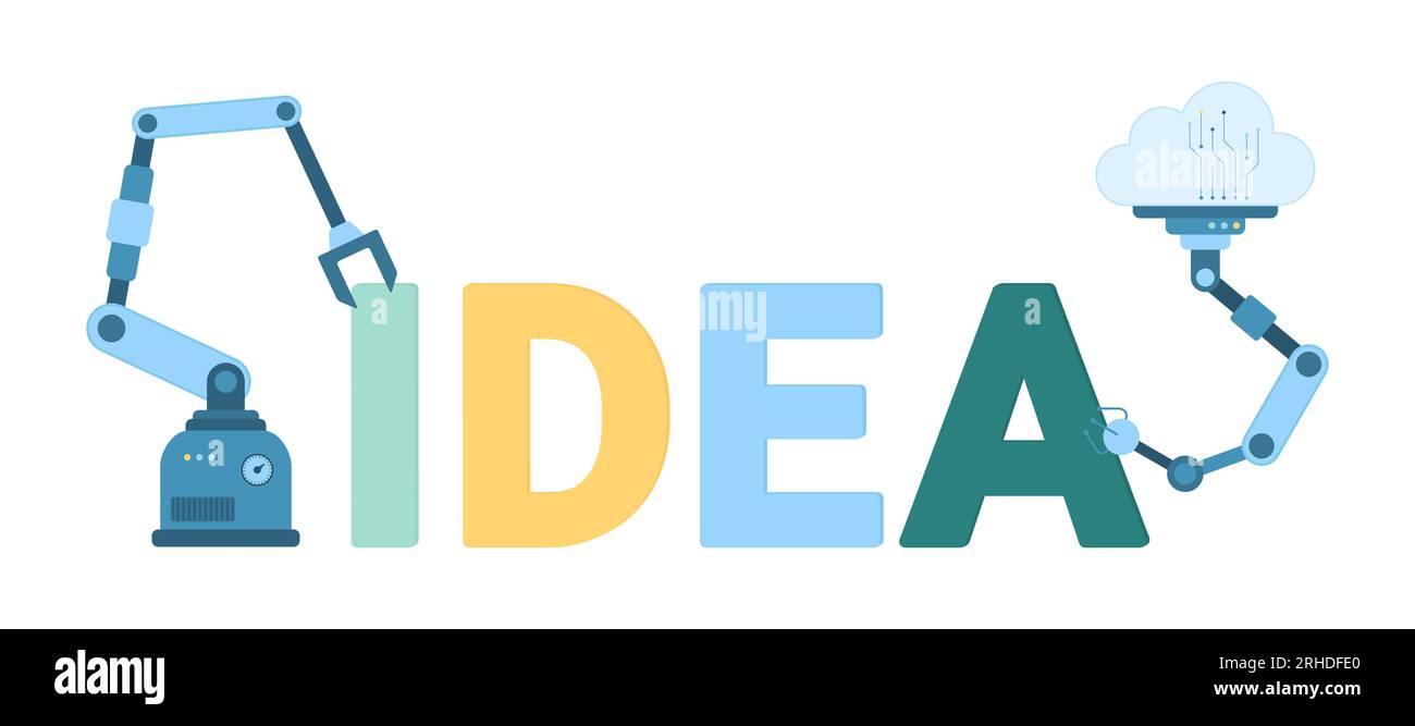 Arms of robots build Idea word vector illustration. Cartoon automatic ...