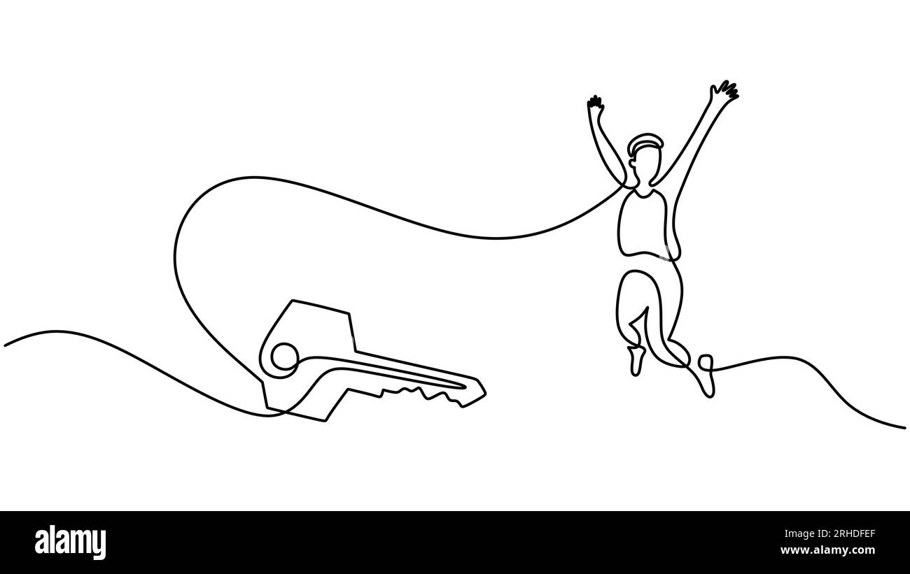 One line drawing of jumping man and big key isolated on white ...