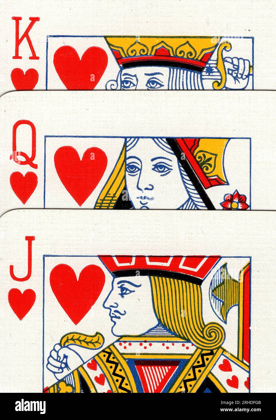Vintage playing cards showing the jack, queen and king of hearts Stock ...