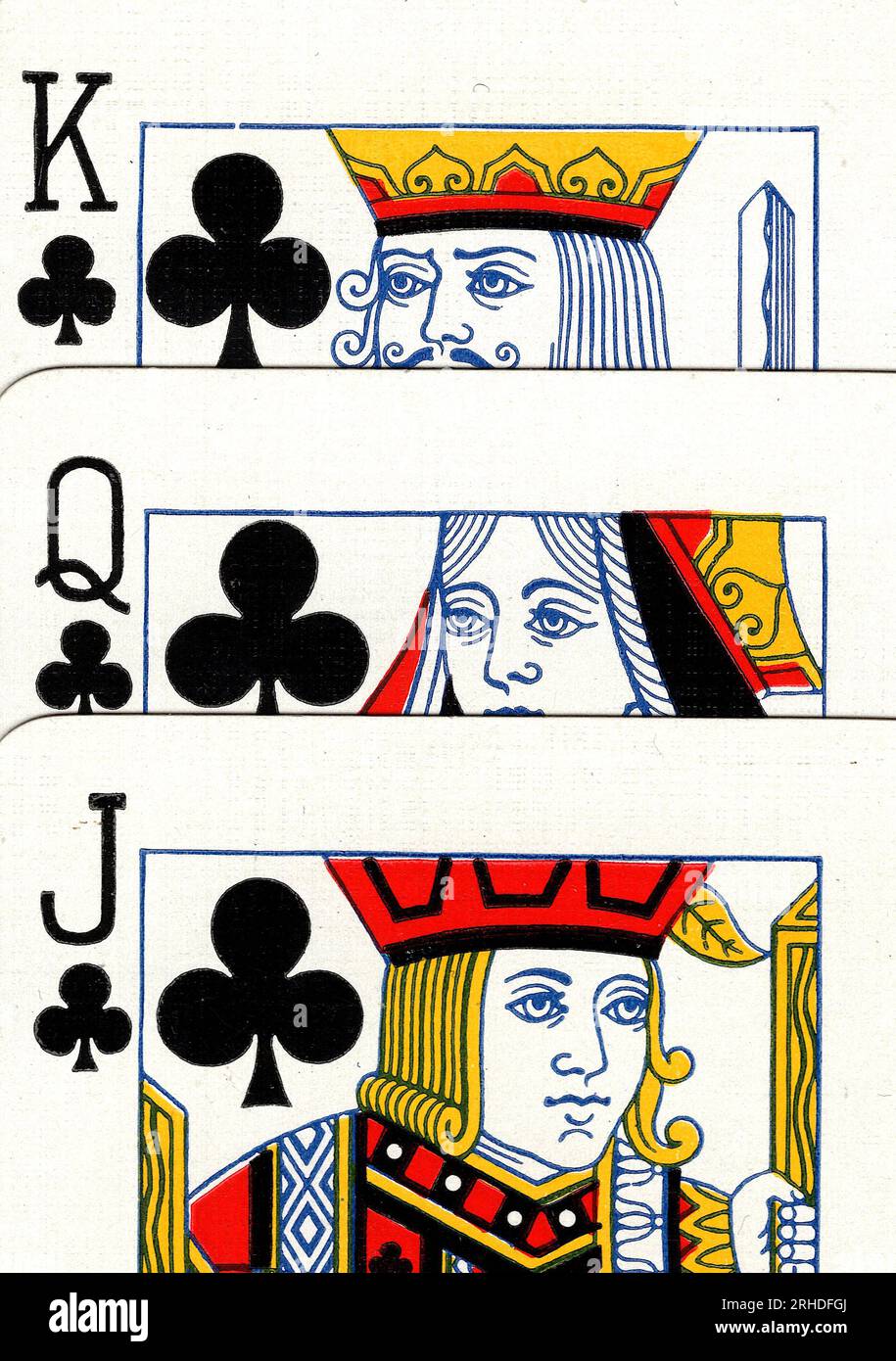 Vintage playing cards showing the jack, queen and king of clubs Stock ...