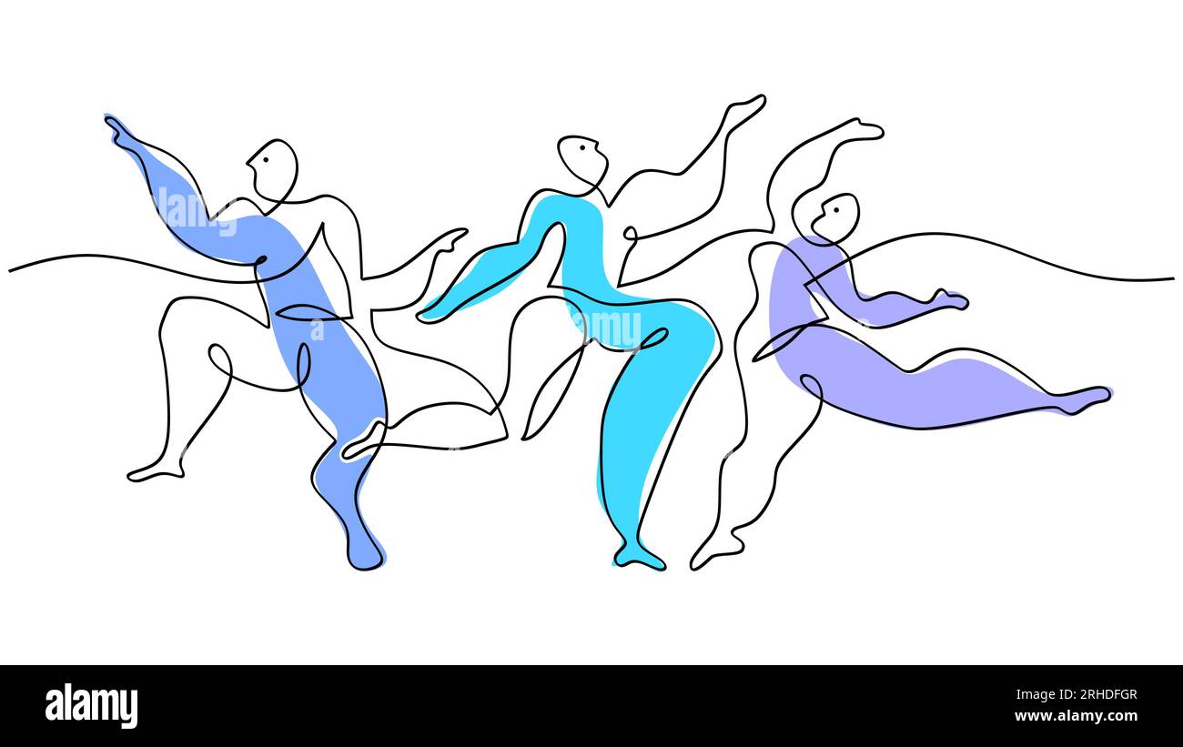 One continuous single line drawing of three man dancing people picasso ...