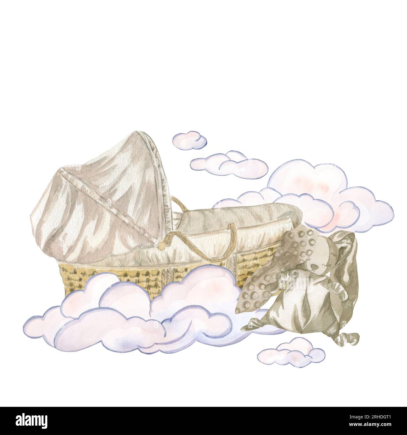 A composition of a wicker baby cradle for a baby, a toy rabbit and pink ...