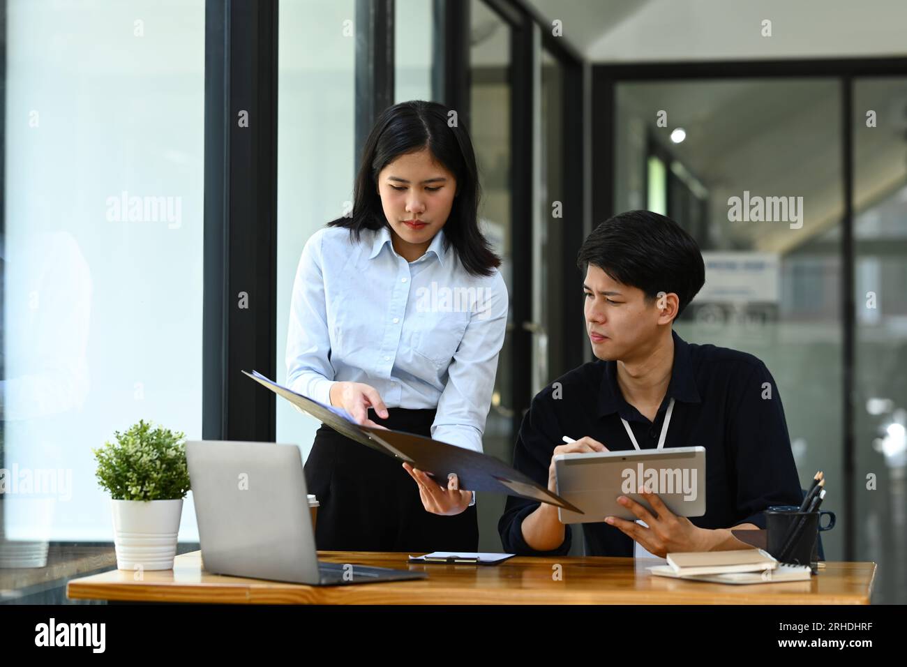 Female manager explaining information, discussing business plan with ...