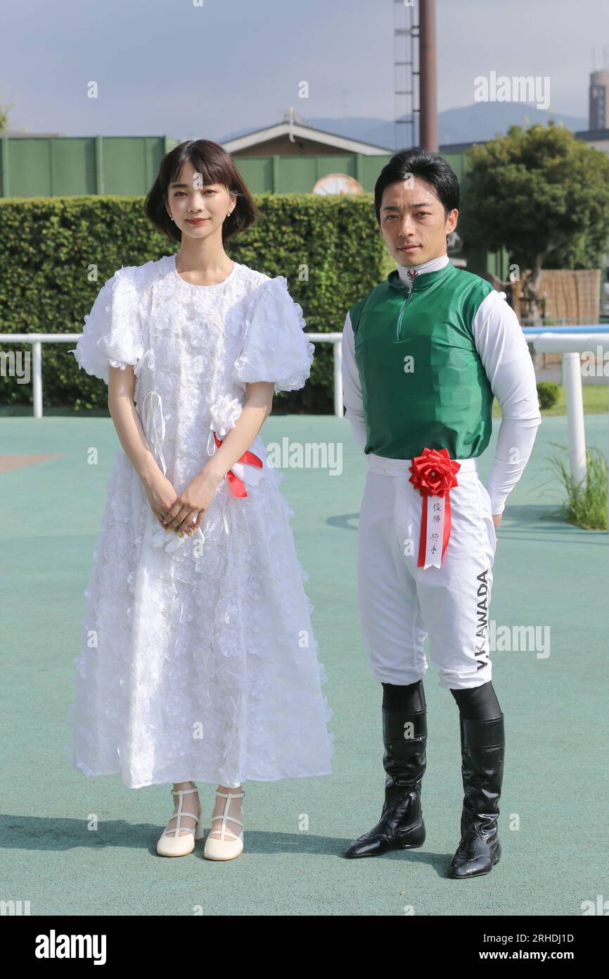 Fukuoka, Japan. 13th Aug, 2023. Presenter Japanese actress Ai Mikami (L) and jockey Yuga Kawada ...