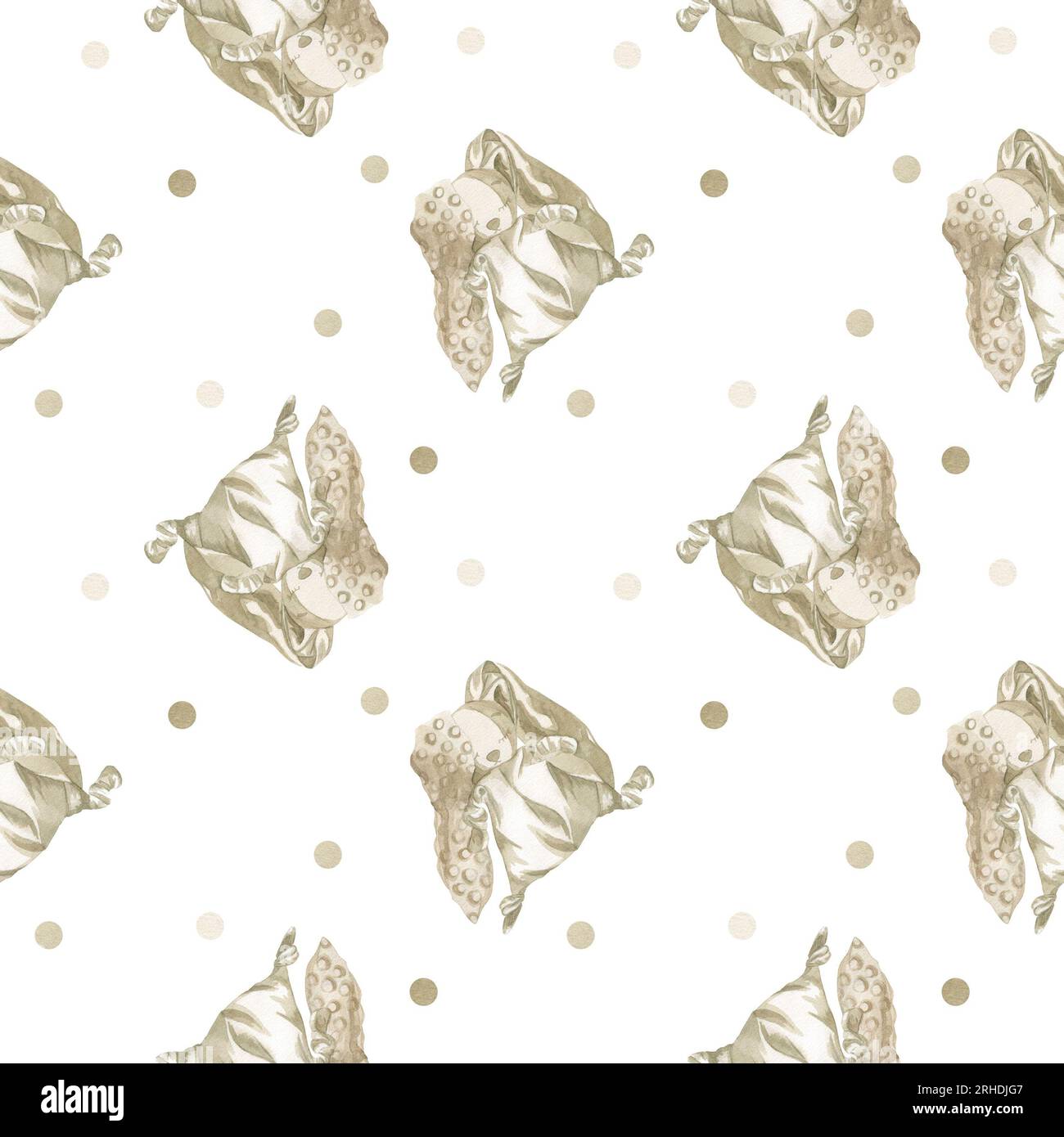 Seamless pattern with cute beige bunnies and brown watercolor circles ...