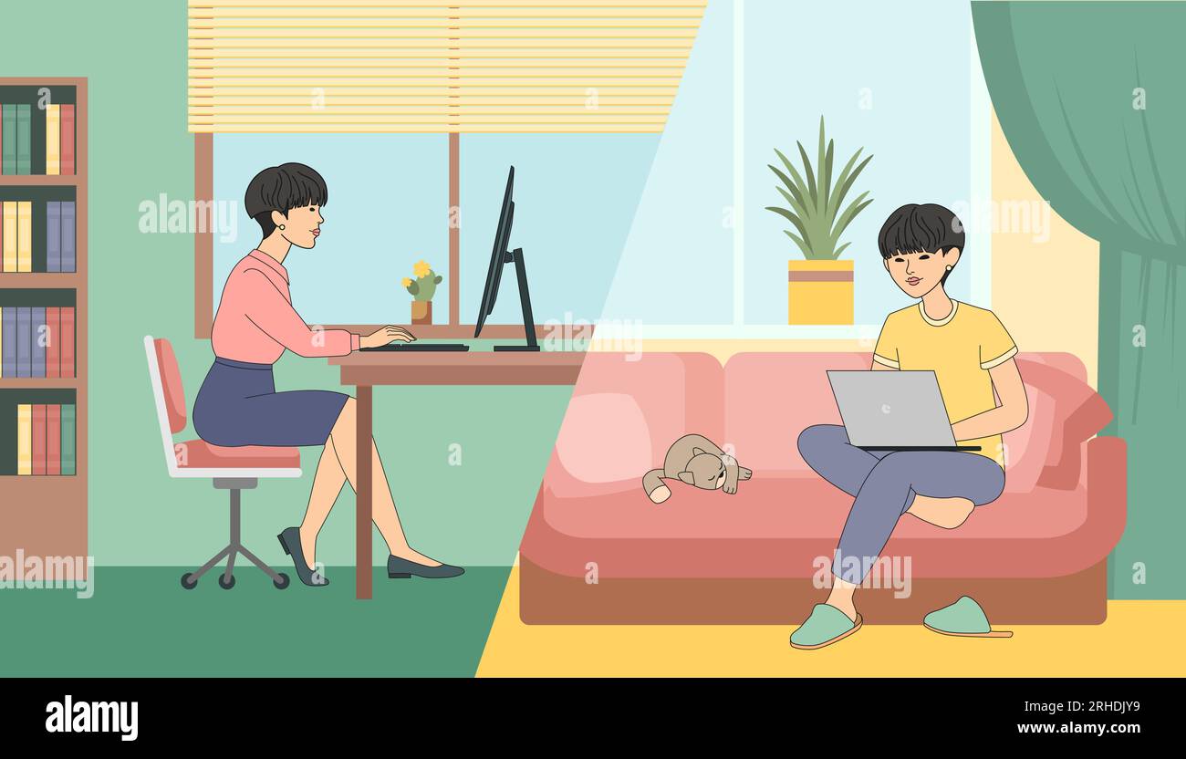 Business asian woman at hybrid job sitting at table between office and ...