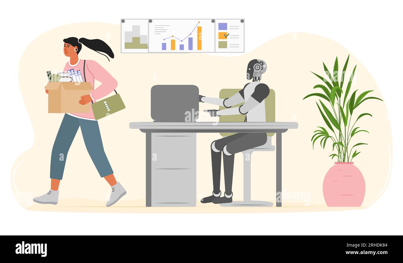 Smart AI robot took workplace, sad fired girl hold box. Unemployment. Job loss from artificial ...
