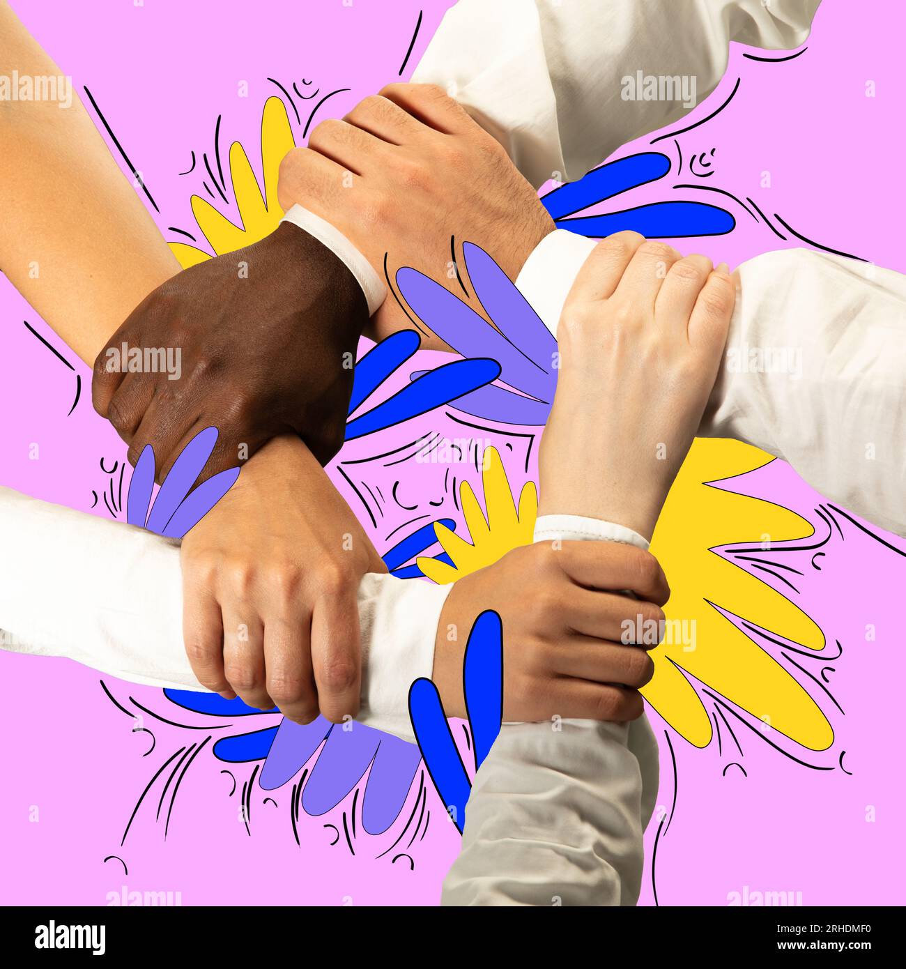Human hands holding each other, showing support and acceptance. Race equality. Contemporary art ...