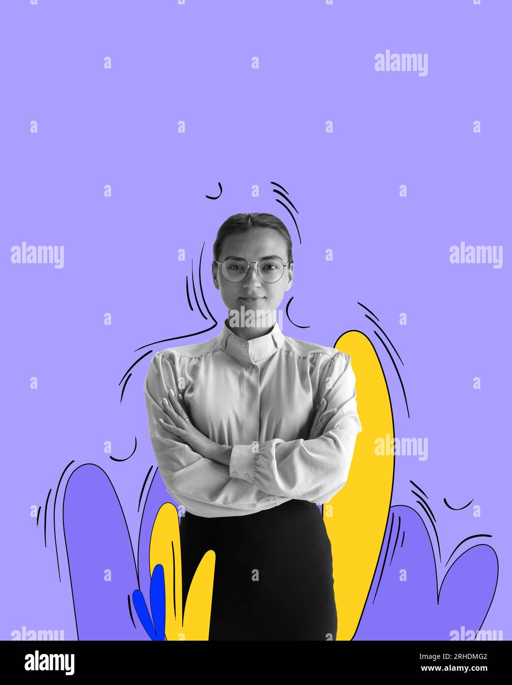 Woman in glasses and formal wear, employee over purple background ...