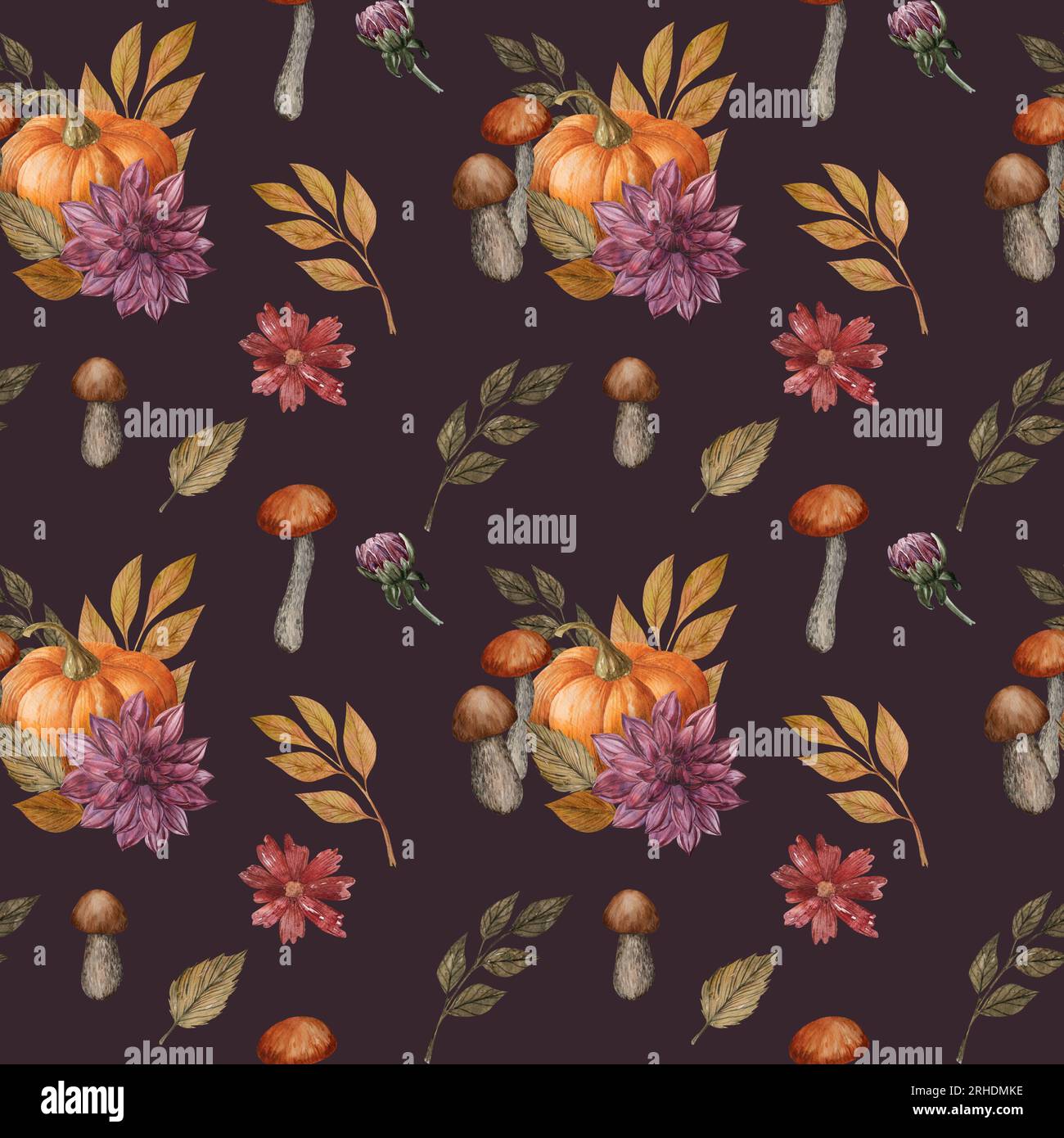 Watercolor seamless pattern with pumpkin, mushrooms, Dahlia and autumn leaves. Hand drawn ...